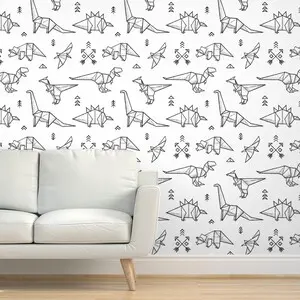 Spoonflower Black And White Geometric Outline Origami Custom Pre-pasted Wallpaper