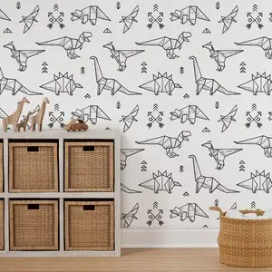 Spoonflower Black And White Geometric Outline Origami Custom Pre-pasted Wallpaper