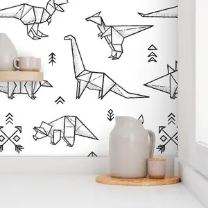 Spoonflower Black And White Geometric Outline Origami Custom Pre-pasted Wallpaper