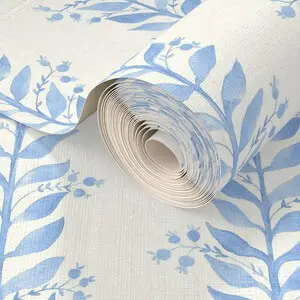 Spoonflower Amelia Cornflower On White 100% Natural Sisal Grasscloth Wallcovering - Blue