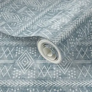 Spoonflower Vintage Moroccan Dusty Mudcloth Trendy Boho Custom Removable Wallpaper - Blue