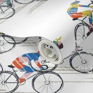 Spoonflower White Multicolored Bike Racing Bicycle Cycling Custom Pre-pasted Wallpaper White,gray,blue