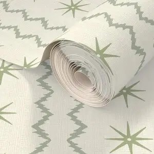 Spoonflower Stars And Stripes Natural Greens On Cream 100% Natural Sisal Grasscloth Wallcovering - Green