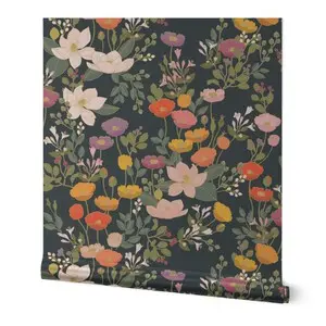 Spoonflower Floral Wallpaper Colourful Poppies Romantic Hand Custom Pre-pasted Wallpaper