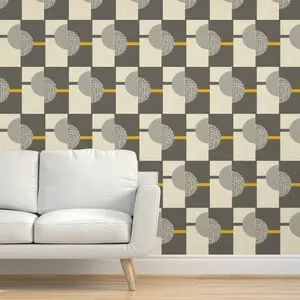 Spoonflower Textured Modern Geometric Art Deco Neutral Bauhaus 100% Natural Sisal Grasscloth Wallcovering - Beige,gray
