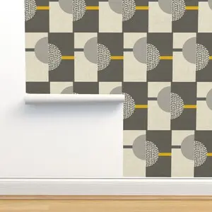 Spoonflower Textured Modern Geometric Art Deco Neutral Bauhaus 100% Natural Sisal Grasscloth Wallcovering - Beige,gray