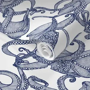 Spoonflower Fish Navy Sea Squid Octopus Under The Creature Custom Pre-pasted Wallpaper - Navy,blue