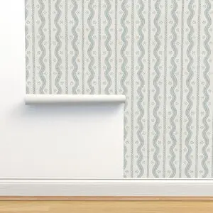 Spoonflower Andrew Stripe Soft Blue And Greens On White Cream1 100% Natural Sisal Grasscloth Wallcovering - Green