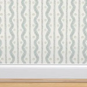 Spoonflower Andrew Stripe Soft Blue And Greens On White Cream1 100% Natural Sisal Grasscloth Wallcovering - Green
