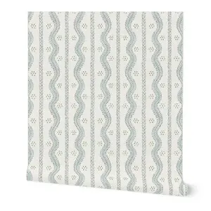 Spoonflower Andrew Stripe Soft Blue And Greens On White Cream1 100% Natural Sisal Grasscloth Wallcovering - Green