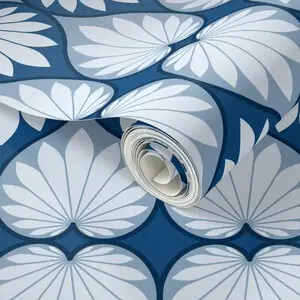 Spoonflower Hearts Heart Monochromatic Spiral Art Nouveau Custom Pre-pasted Wallpaper - Blue