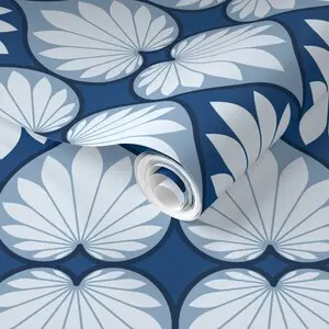 Spoonflower Hearts Heart Monochromatic Spiral Art Nouveau Custom Pre-pasted Wallpaper - Blue