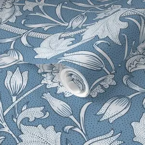 Spoonflower Flowers Floral Antique Victorian Tulip Art Custom Pre-pasted Wallpaper - Blue