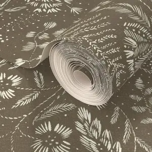 Spoonflower Stargazer Botanical Floral In Bark 100% Natural Sisal Grasscloth Wallcovering - Brown