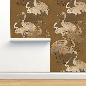 Spoonflower Deco Cranes Bronze Age Large Scale 100% Natural Sisal Grasscloth Wallcovering - Brown,beige