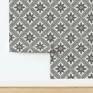 Spoonflower Vintage Grey Modern Geometric Tile Natural Geo Custom Pre-pasted Wallpaper - Gray