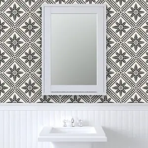 Spoonflower Vintage Grey Modern Geometric Tile Natural Geo Custom Pre-pasted Wallpaper - Gray