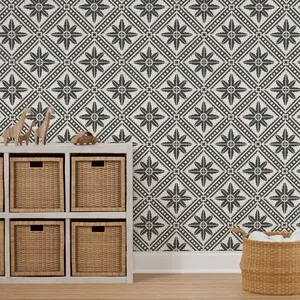 Spoonflower Vintage Grey Modern Geometric Tile Natural Geo Custom Pre-pasted Wallpaper - Gray