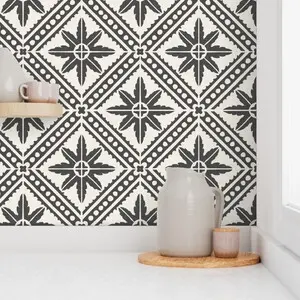 Spoonflower Vintage Grey Modern Geometric Tile Natural Geo Custom Pre-pasted Wallpaper - Gray