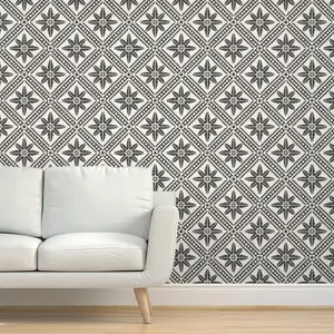 Spoonflower Vintage Grey Modern Geometric Tile Natural Geo Custom Pre-pasted Wallpaper - Gray