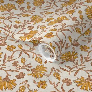 Spoonflower Flower Floral Garden Texture Mustard Custom Pre-pasted Wallpaper - Beige,brown