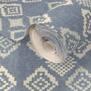 Spoonflower Boho Fair Indigo Winter Holiday 100% Natural Sisal Grasscloth Wallcovering - Blue,beige,gray