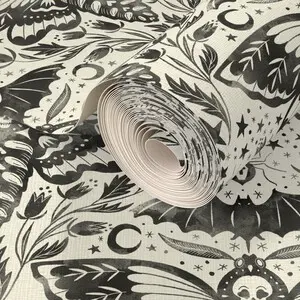 Spoonflower Watercolor Skull Moth Damask 100% Natural Sisal Grasscloth Wallcovering - Gray