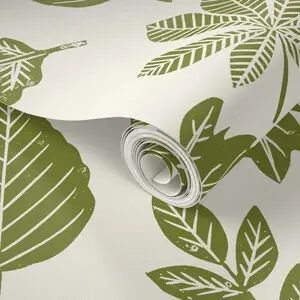 Spoonflower Leaf Leaves Nature Hiking Camping Woodland Custom Pre-pasted Wallpaper - Green