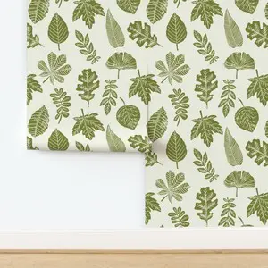 Spoonflower Leaf Leaves Nature Hiking Camping Woodland Custom Pre-pasted Wallpaper - Green