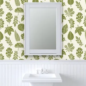 Spoonflower Leaf Leaves Nature Hiking Camping Woodland Custom Pre-pasted Wallpaper - Green