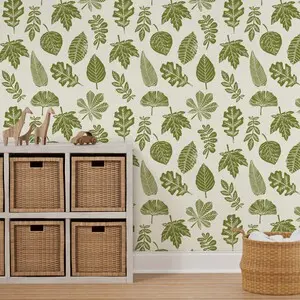 Spoonflower Leaf Leaves Nature Hiking Camping Woodland Custom Pre-pasted Wallpaper - Green