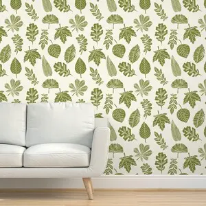 Spoonflower Leaf Leaves Nature Hiking Camping Woodland Custom Pre-pasted Wallpaper - Green