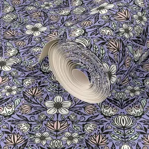 Spoonflower Damask Flowers On Small Scale 100% Natural Sisal Grasscloth Wallcovering - Purple