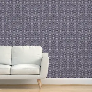Spoonflower Damask Flowers On Small Scale 100% Natural Sisal Grasscloth Wallcovering - Purple