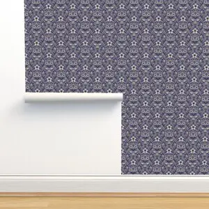 Spoonflower Damask Flowers On Small Scale 100% Natural Sisal Grasscloth Wallcovering - Purple