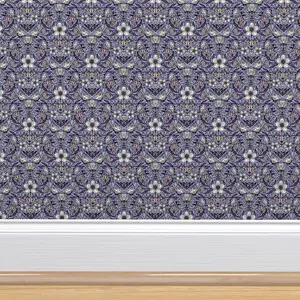 Spoonflower Damask Flowers On Small Scale 100% Natural Sisal Grasscloth Wallcovering - Purple