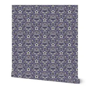 Spoonflower Damask Flowers On Small Scale 100% Natural Sisal Grasscloth Wallcovering - Purple