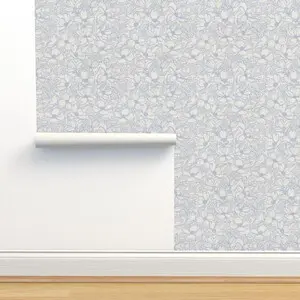Spoonflower White Dogwood With Periwinkle 100% Natural Sisal Grasscloth Wallcovering - White,gray,blue