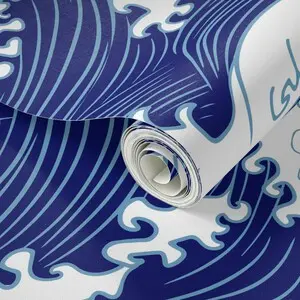 Spoonflower Vintage Blue Asian Japan Japanese Water Line Custom Pre-pasted Wallpaper Blue