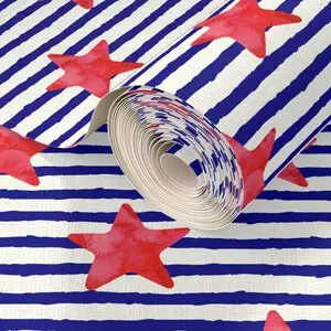 Spoonflower Star Stripes Red Water Color Trendy 4th Of July 100% Natural Sisal Grasscloth Wallcovering Red