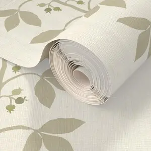 Spoonflower Berry Vine Stripe Anne Greens And Khaki 100% Natural Sisal Grasscloth Wallcovering - Green,gray