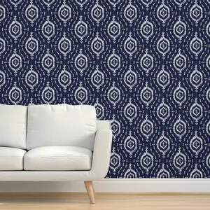 Spoonflower Vintage Batik Blue And White 100% Natural Sisal Grasscloth Wallcovering