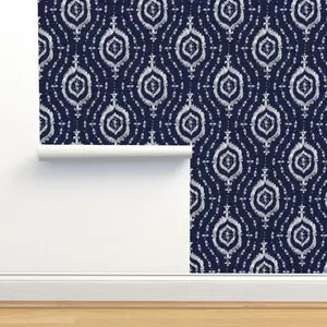 Spoonflower Vintage Batik Blue And White 100% Natural Sisal Grasscloth Wallcovering
