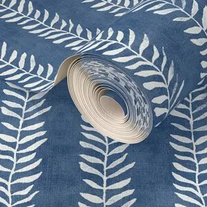 Spoonflower Botanical Block In Indigo Blue White 100% Natural Sisal Grasscloth Wallcovering - Indigo,blue