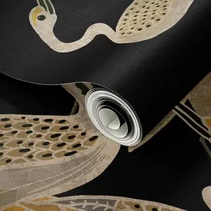 Spoonflower Deco Cranes Onyx Large Scale 100% Natural Sisal Grasscloth Wallcovering - Black