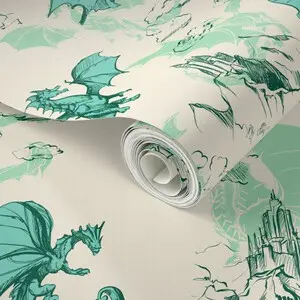 Spoonflower Dragon Jade Dragons Clouds Green Mint Custom Pre-pasted Wallpaper - White,blue,green