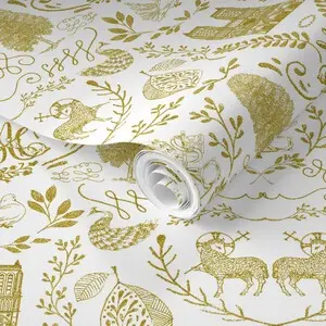 Spoonflower Gold Heritage Custom Pre-pasted Wallpaper - Green,gray