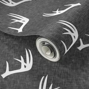 Spoonflower Grey Deer Woodland Antlers Custom Pre-pasted Wallpaper - Black,white,gray