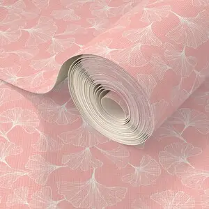 Spoonflower Ginkgo Leaves Pink And White 100% Natural Sisal Grasscloth Wallcovering - Pink,red,gray