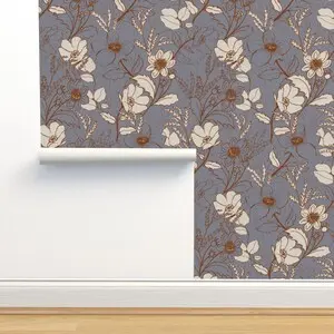 Spoonflower Be Gentle Hand Drawn Floral Periwinkle 100% Natural Sisal Grasscloth Wallcovering